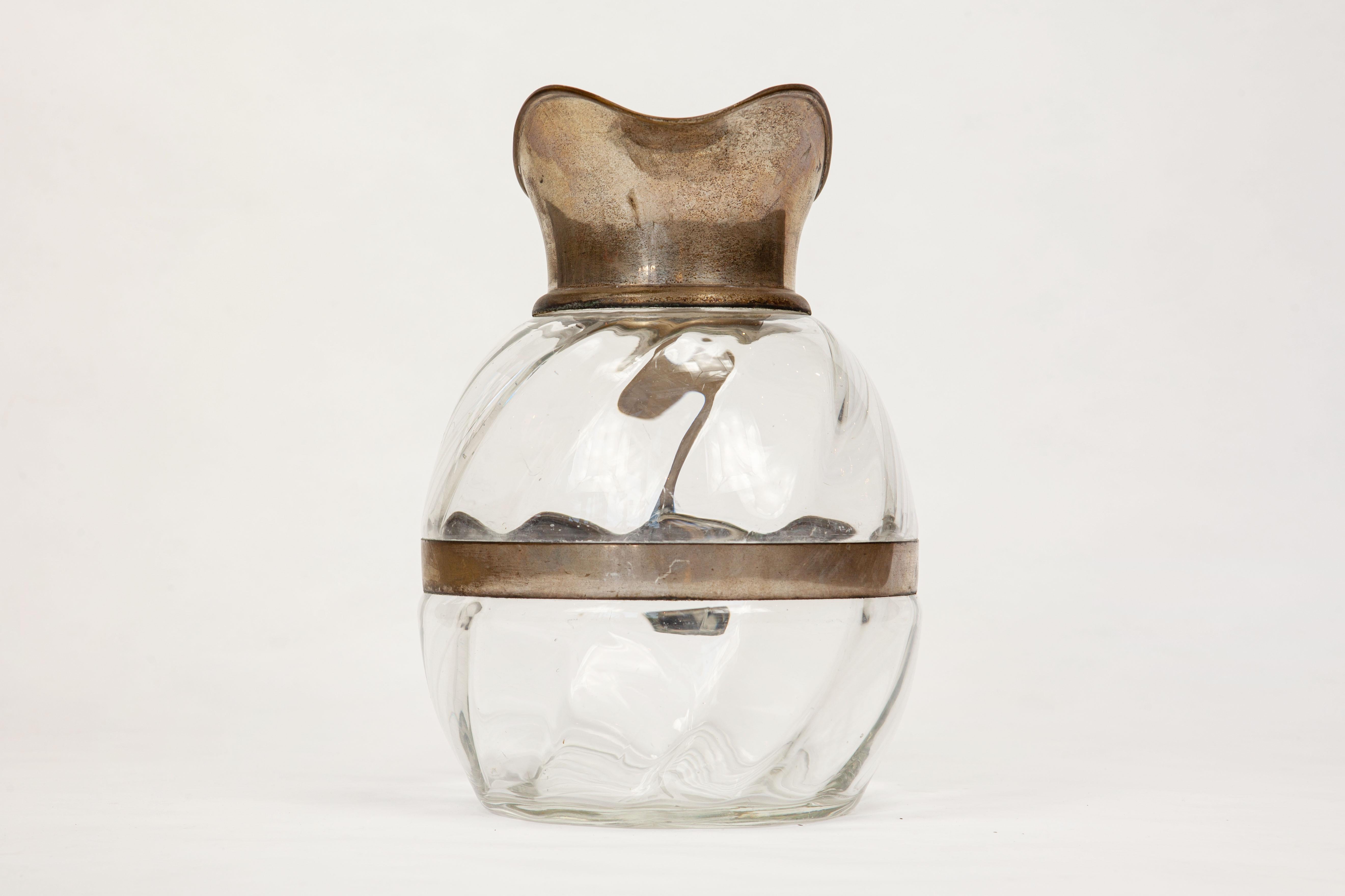 Antique Glass Water Pitcher with Metal Handle, Spout and Belly Band ...