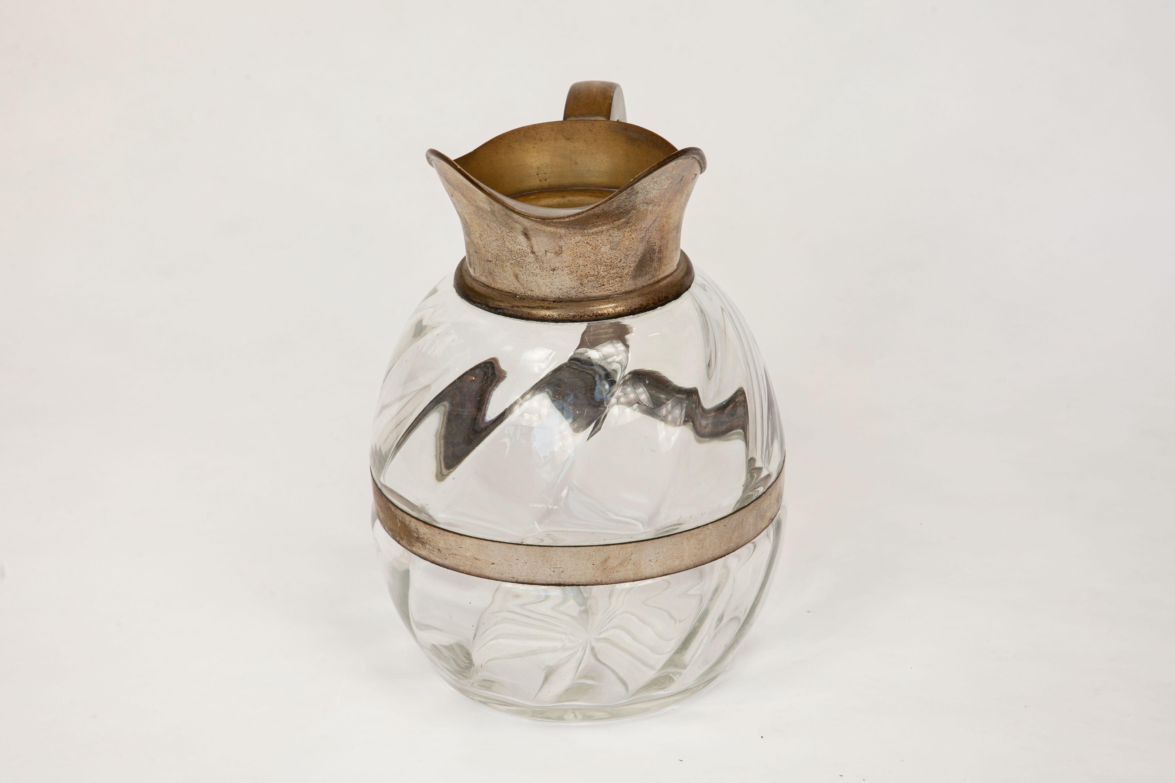 Antique Glass Water Pitcher with Metal Handle, Spout and Belly Band ...