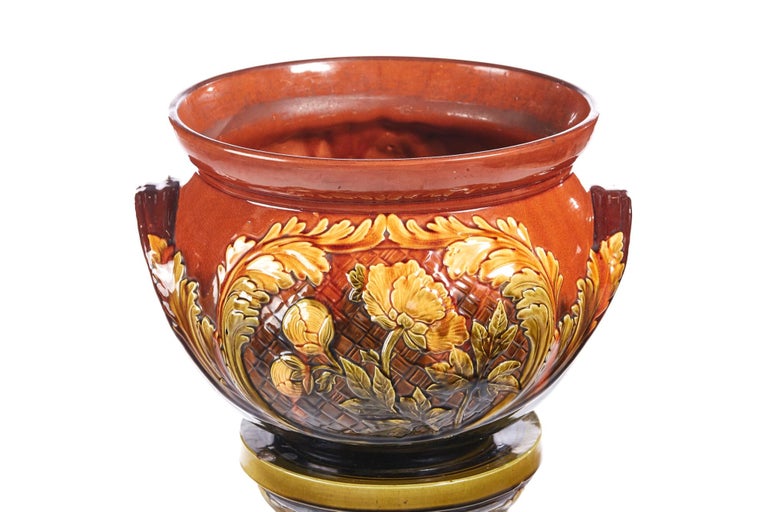 Antique Glazed Staffordshire Pottery Jardinière on Stand at 1stDibs