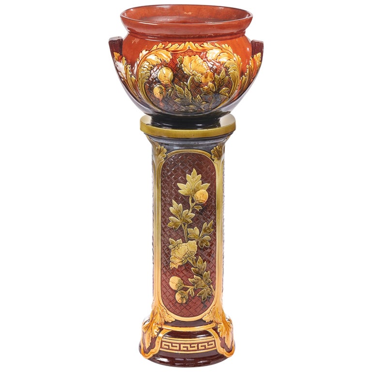 Antique Glazed Staffordshire Pottery Jardinière on Stand at 1stDibs