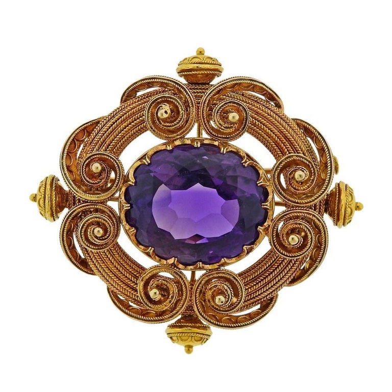 Antique Gold Amethyst Brooch Pin For Sale at 1stDibs
