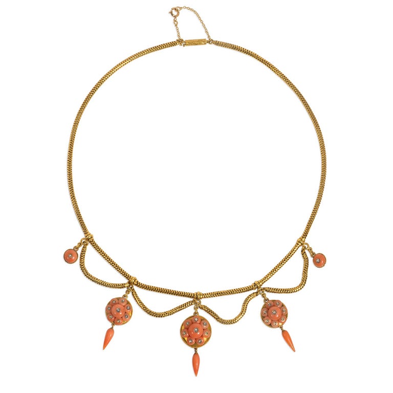Antique Gold and Coral Festoon Necklace with Diamond Accents For Sale ...