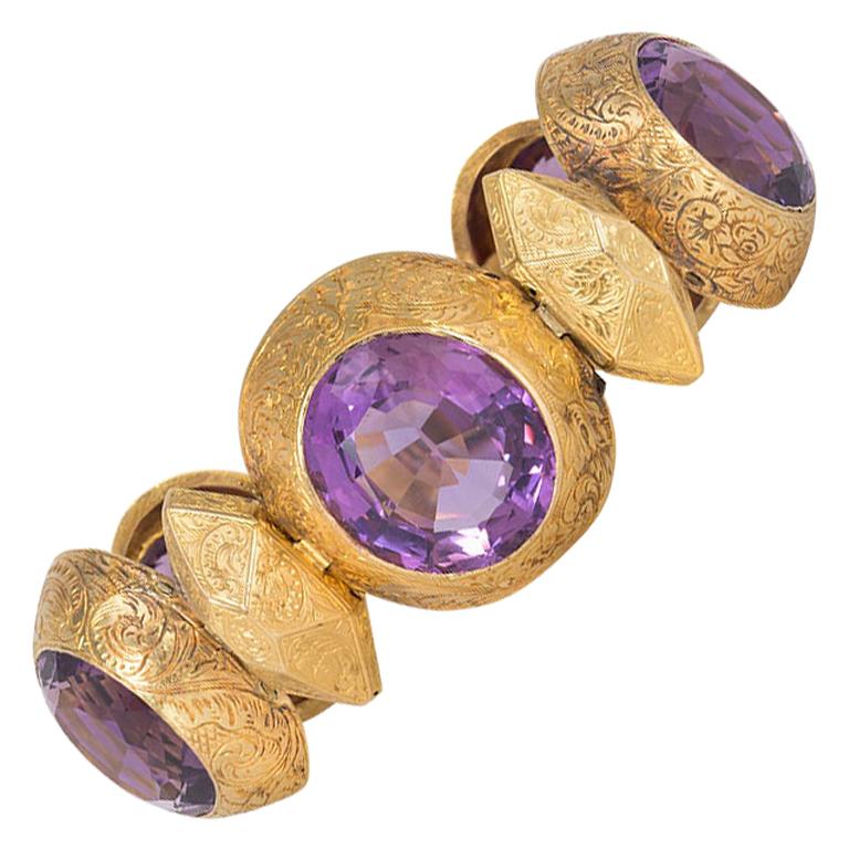 Vintage Amethyst and 9 Carat Gold Ornate Bracelet For Sale at 1stDibs