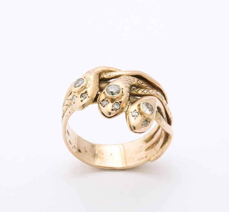 Antique Gold and Diamond Triple Head Snake Ring For Sale at 1stDibs