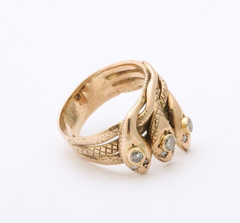 Antique Gold and Diamond Triple Head Snake Ring For Sale at 1stDibs