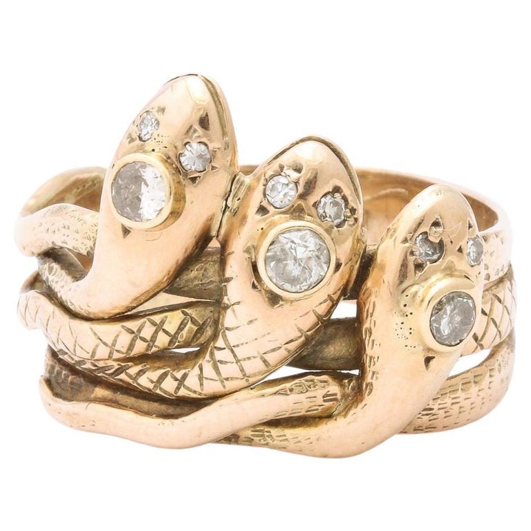 Antique Gold and Diamond Triple Head Snake Ring For Sale at 1stDibs