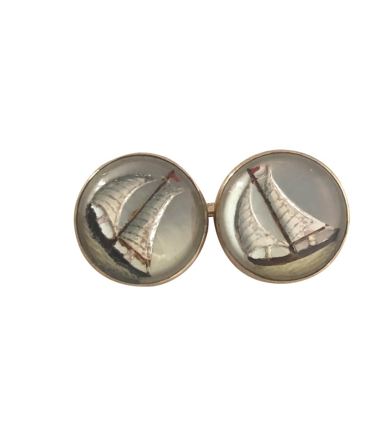 Antique Gold and Reverse Crystal Sail Boat Cufflinks For Sale (Free ...