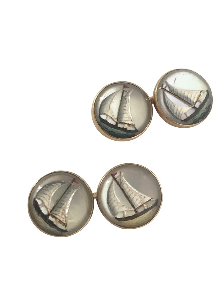 Antique Gold and Reverse Crystal Sail Boat Cufflinks For Sale (Free ...