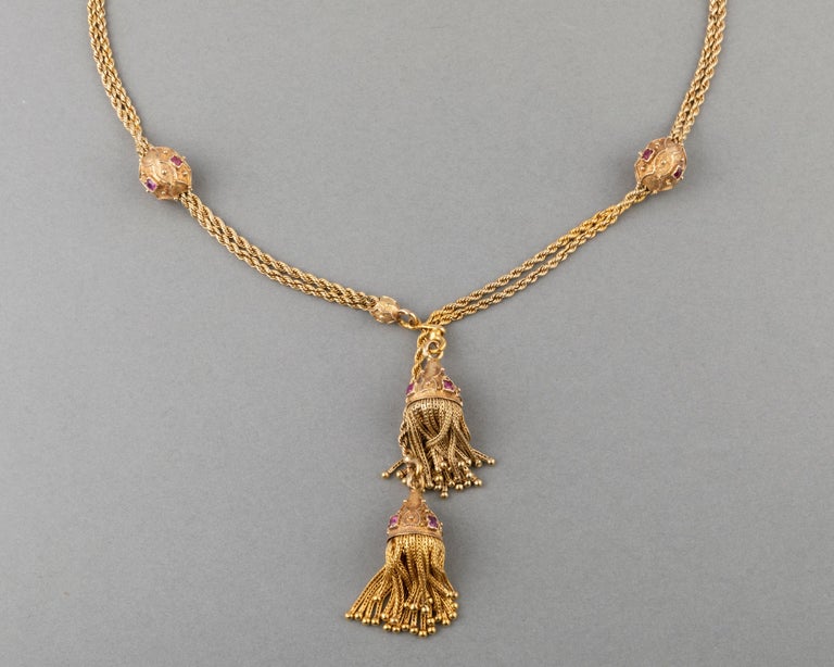 Antique Gold and Rubies French Pompon Necklace at 1stDibs