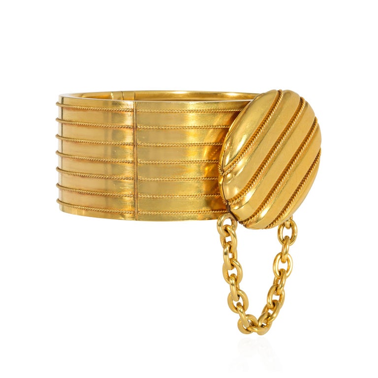 Antique Gold Bangle Bracelet with Locket Centerpiece and Chain Accent ...