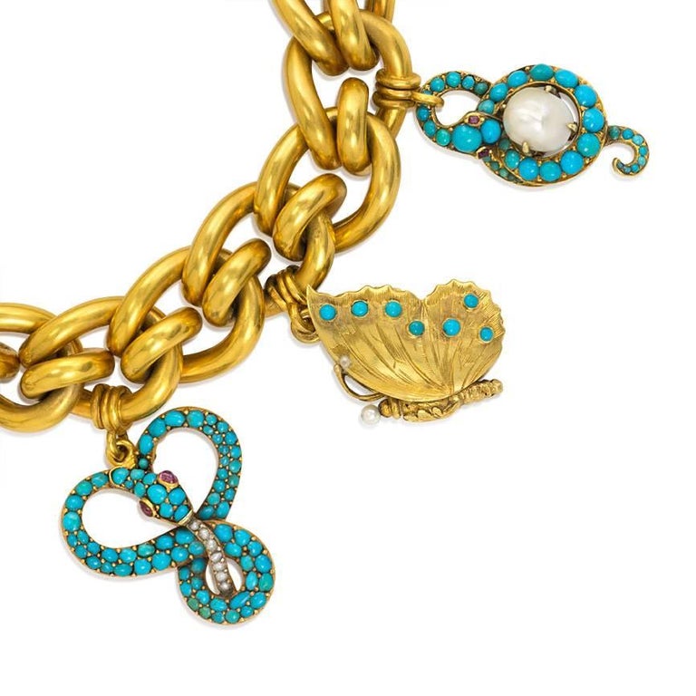 Antique Gold Bracelet with Assorted Turquoise and Pearl Charms at 1stDibs