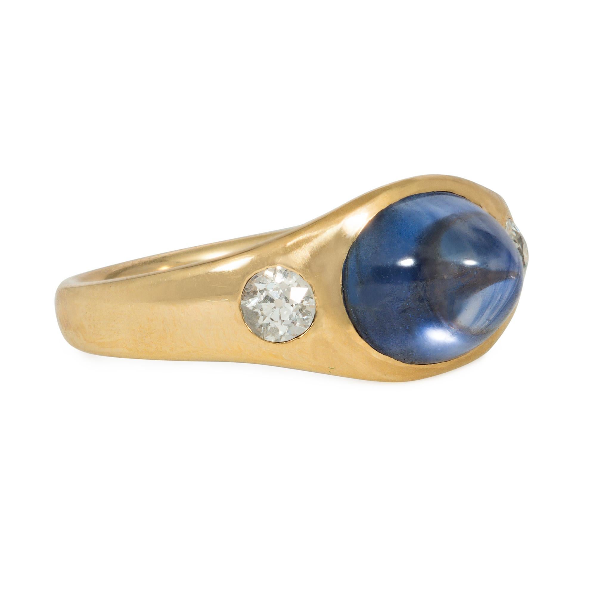 Antique Gold, Cabochon Sapphire, and Diamond Three-Stone Flush-Set Ring ...