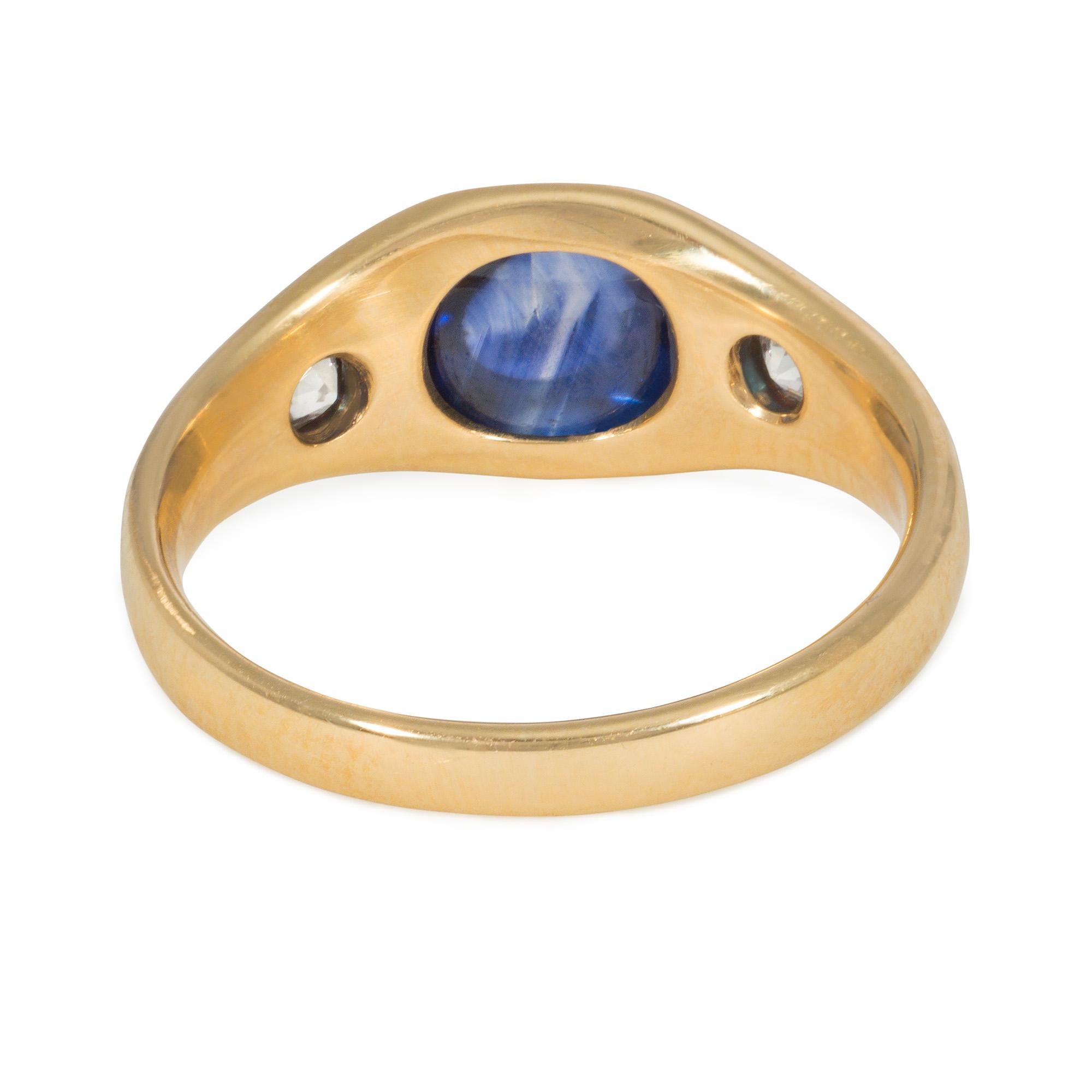 Antique Gold, Cabochon Sapphire, and Diamond Three-Stone Flush-Set Ring ...