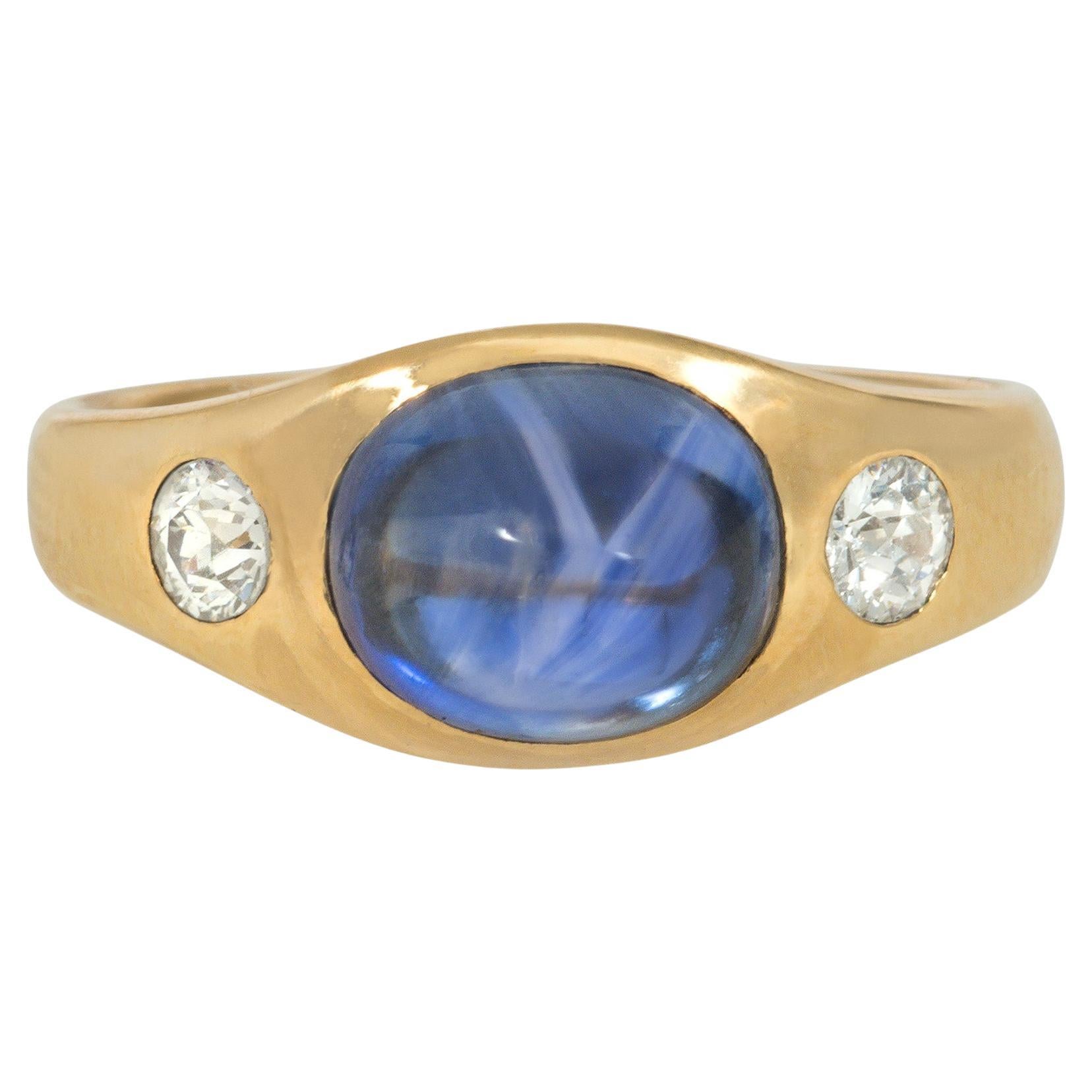 Antique Gold, Cabochon Sapphire, and Diamond Three-Stone Flush-Set Ring ...