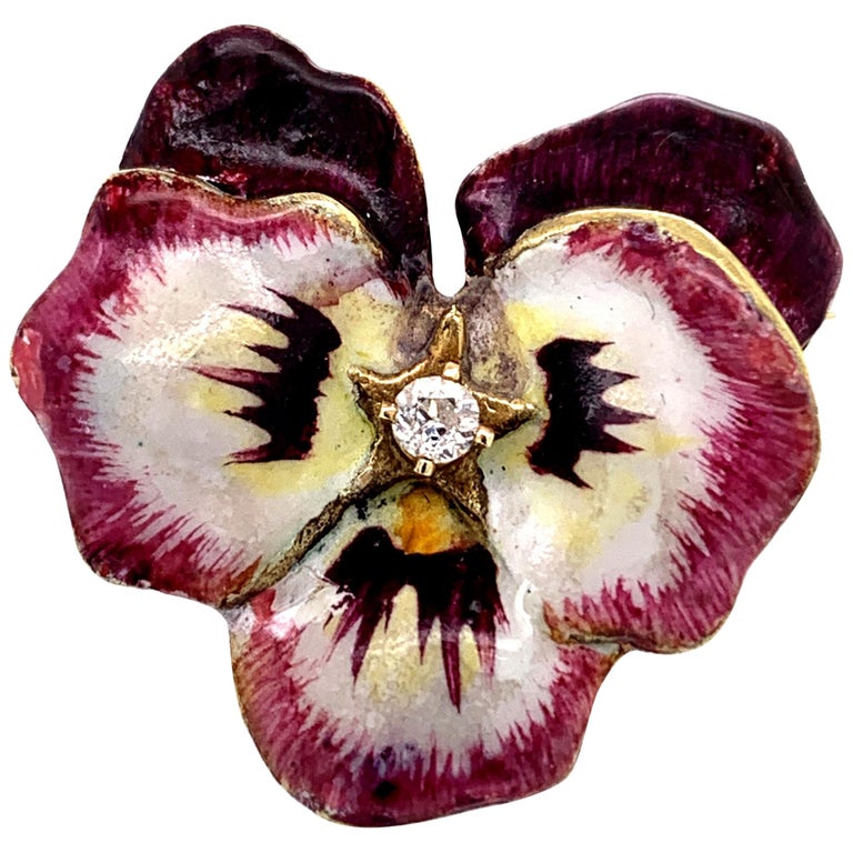 Antique Gold Enamel and Diamond Pansy Pin/Pendant at 1stDibs