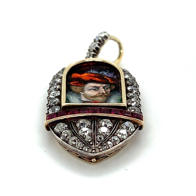 Antique Gold Enamel Portrait Of a Man Old Mine Cut Diamonds and Red ...