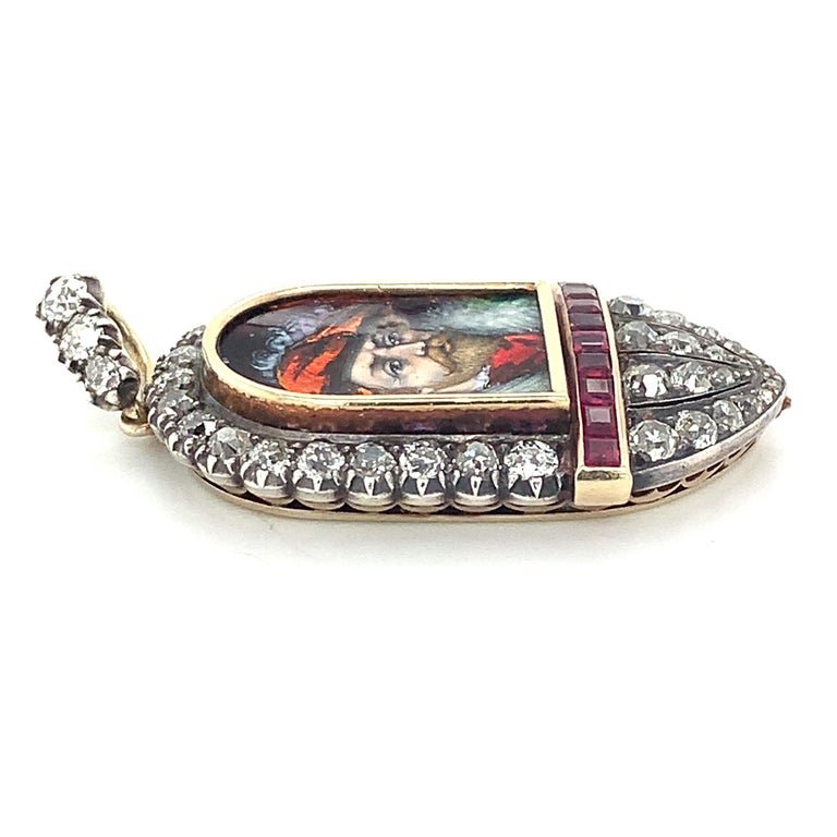 Antique Gold Enamel Portrait Of a Man Old Mine Cut Diamonds and Red ...