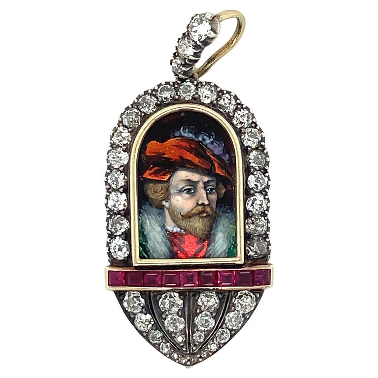 Antique Gold Enamel Portrait Of a Man Old Mine Cut Diamonds and Red ...
