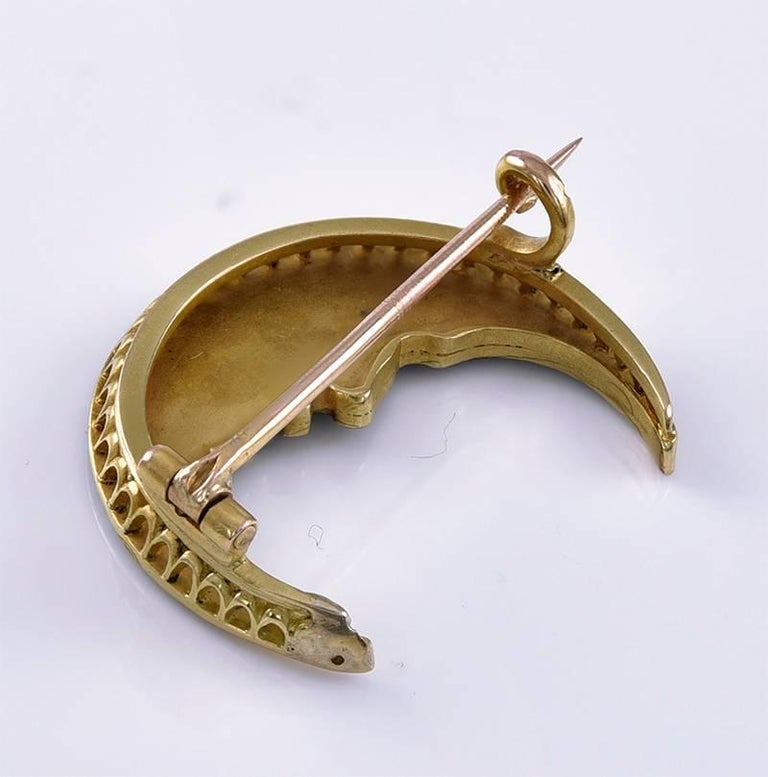 Antique Gold Moon Pin with Diamonds and Enamel at 1stDibs