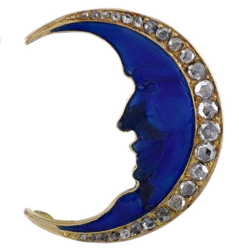 Antique Gold Moon Pin with Diamonds and Enamel at 1stDibs