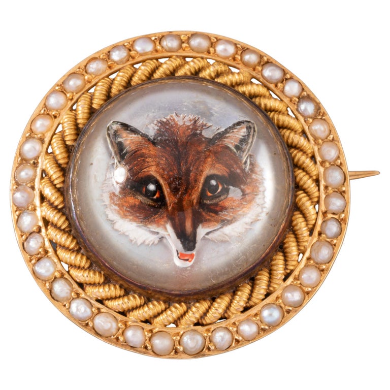 Antique Gold Pearls and Essex Cristal Fox Brooch For Sale at 1stDibs