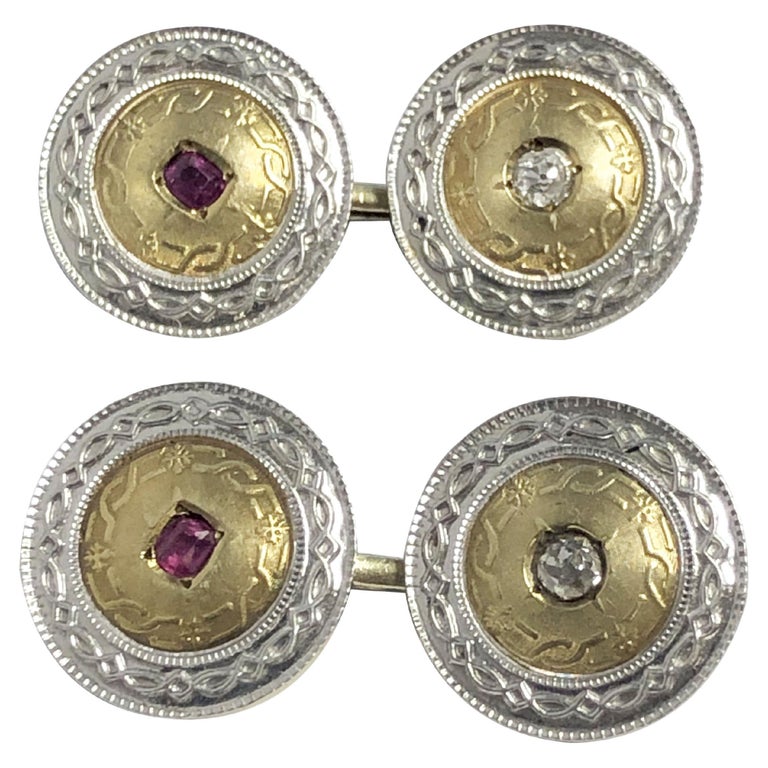 Antique Gold Platinum Ruby and Diamond Cufflinks at 1stDibs
