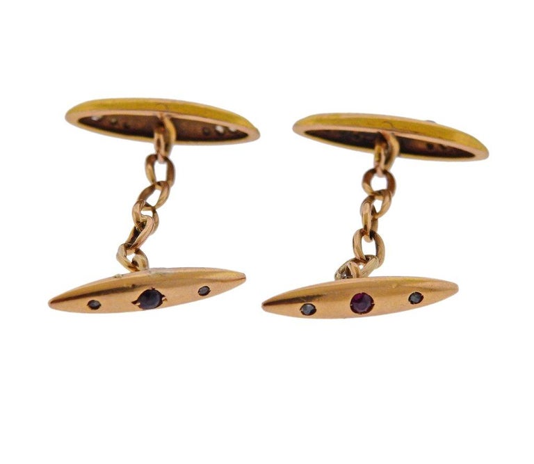 Antique Gold Rose Cut Diamond Ruby Cufflinks For Sale at 1stDibs