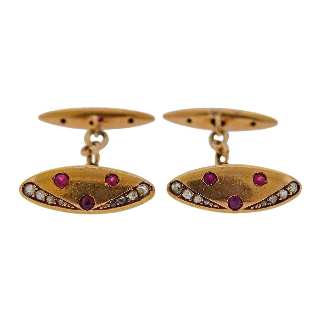 Antique Gold Rose Cut Diamond Ruby Cufflinks For Sale at 1stDibs
