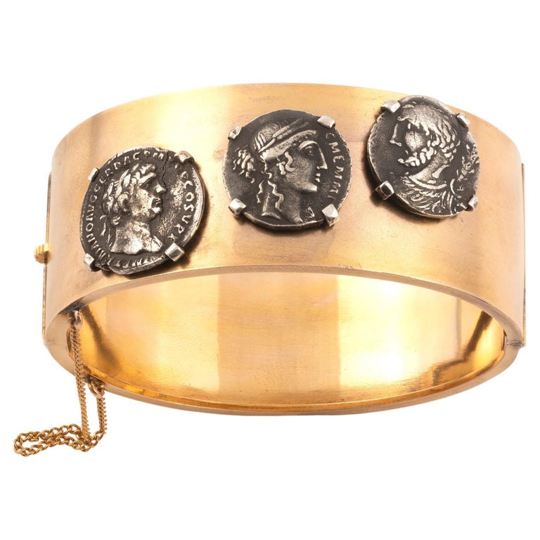 Antique Gold Silver Coin Motif Bangle Bracelet For Sale at 1stDibs