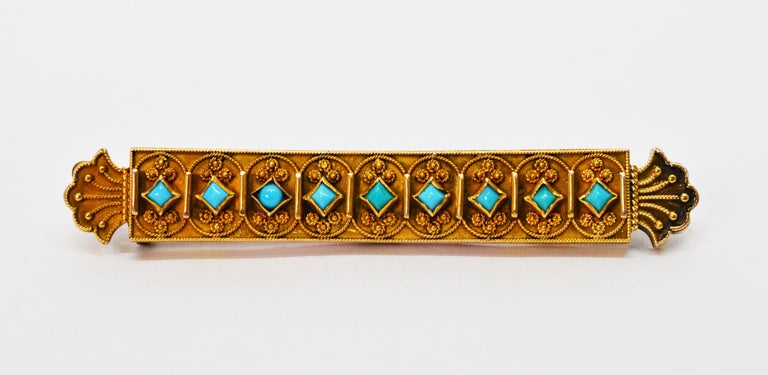 Antique Gold and Turquoise Bar Pin Brooch For Sale at 1stDibs