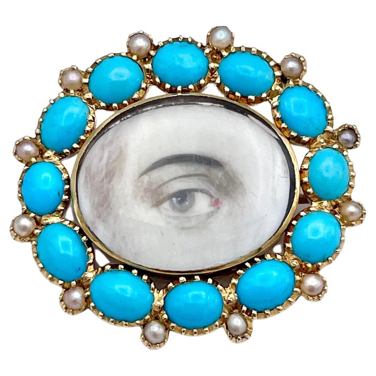 Antique Gold and Turquoise Eye Miniature Pin For Sale at 1stDibs