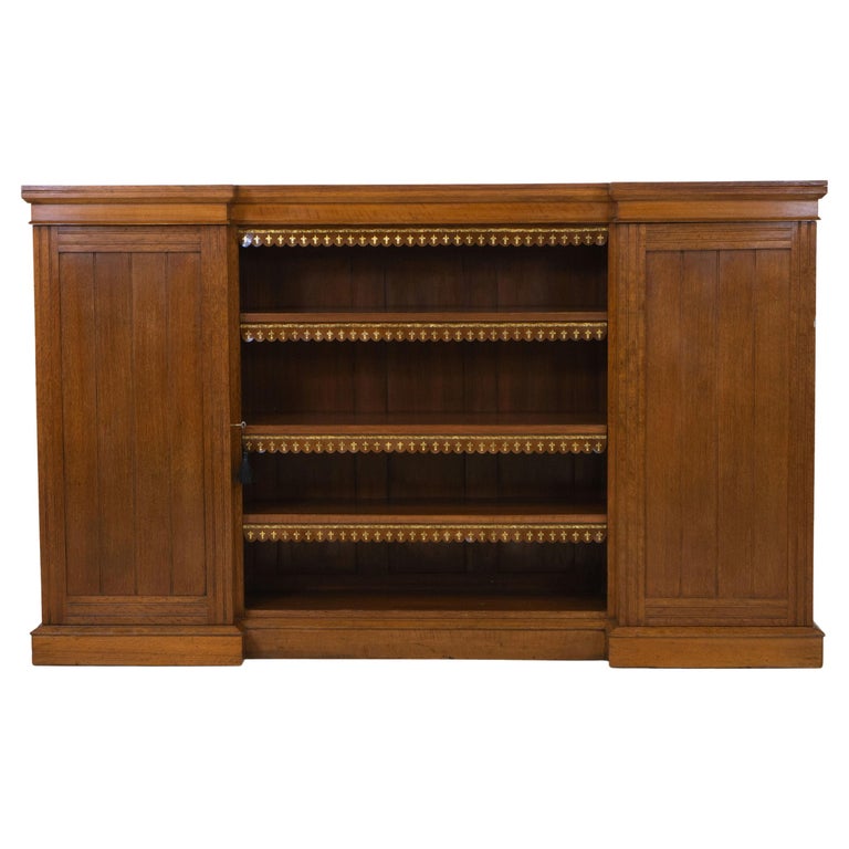 Antique Golden Oak Long Breakfront Enclosed and Open Bookcase For Sale ...