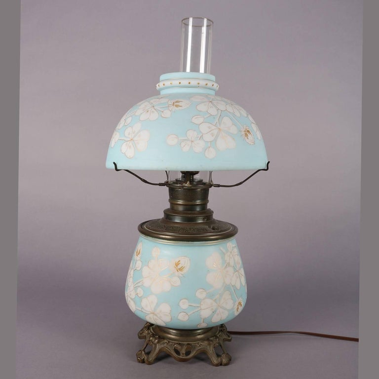 Antique Gone with the Wind Gilt and Painted Satin Glass Electrified Oil ...