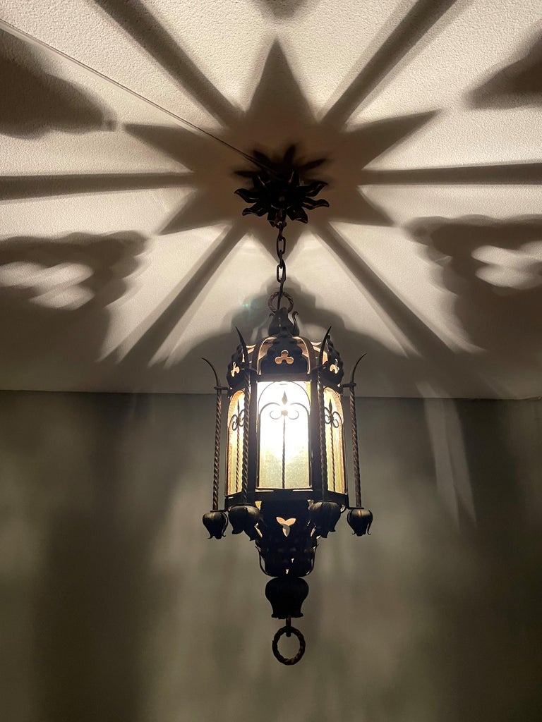 Antique and Good Size Gothic Revival Wrought Iron and Cathedral Glass ...
