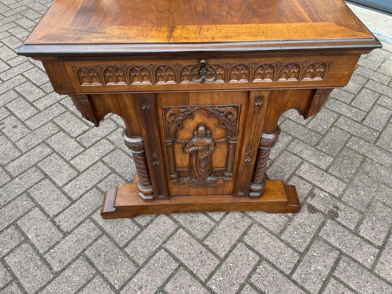 Antique Gothic Desk w. Hand Carved Church Windows, Holy Men, Chimeras ...