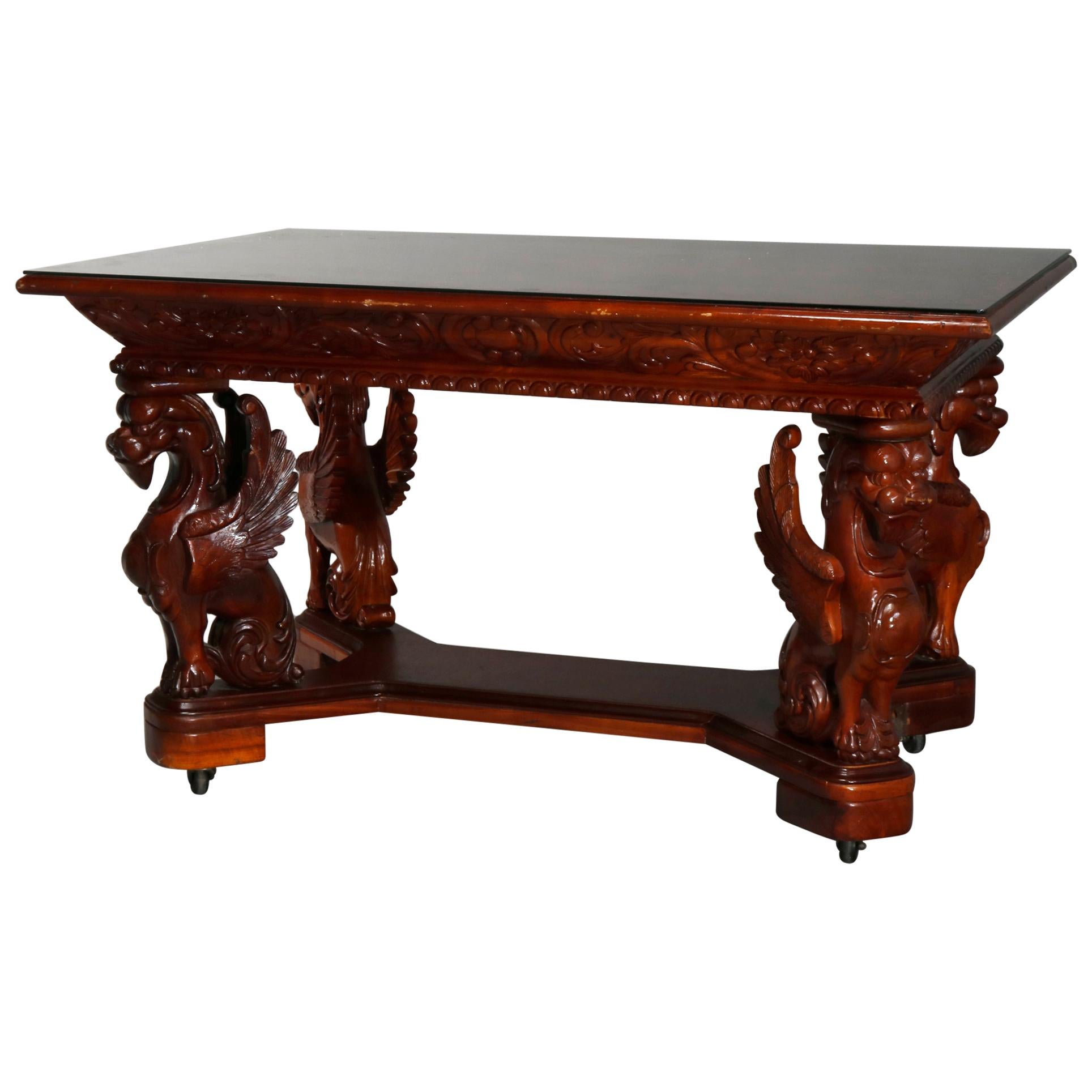 Antique Gothic Figural Griffin Carved Mahogany Library Table, 20th ...