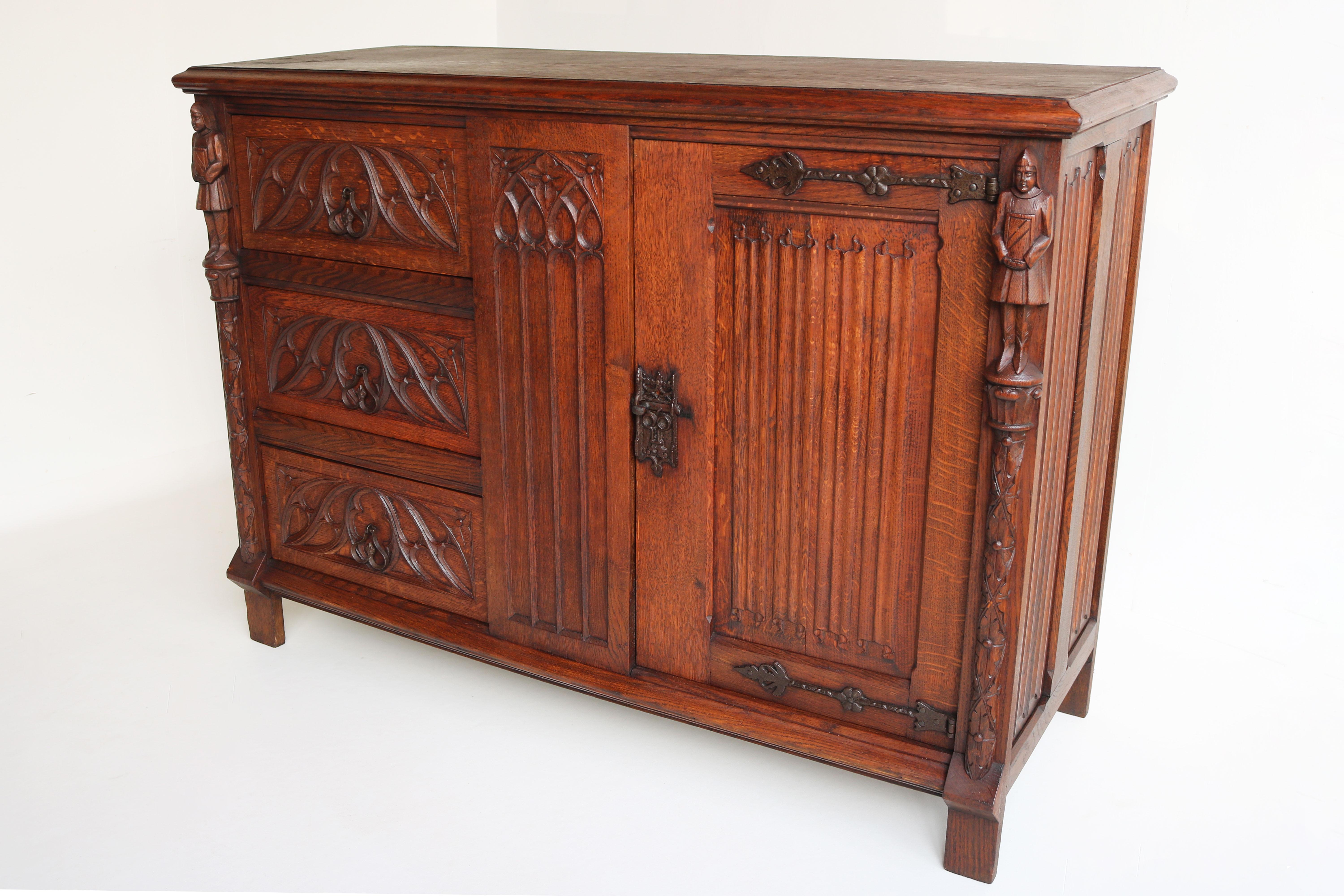 Antique Gothic Revival Sideboard / Small Cabinet with Drawers Knights ...