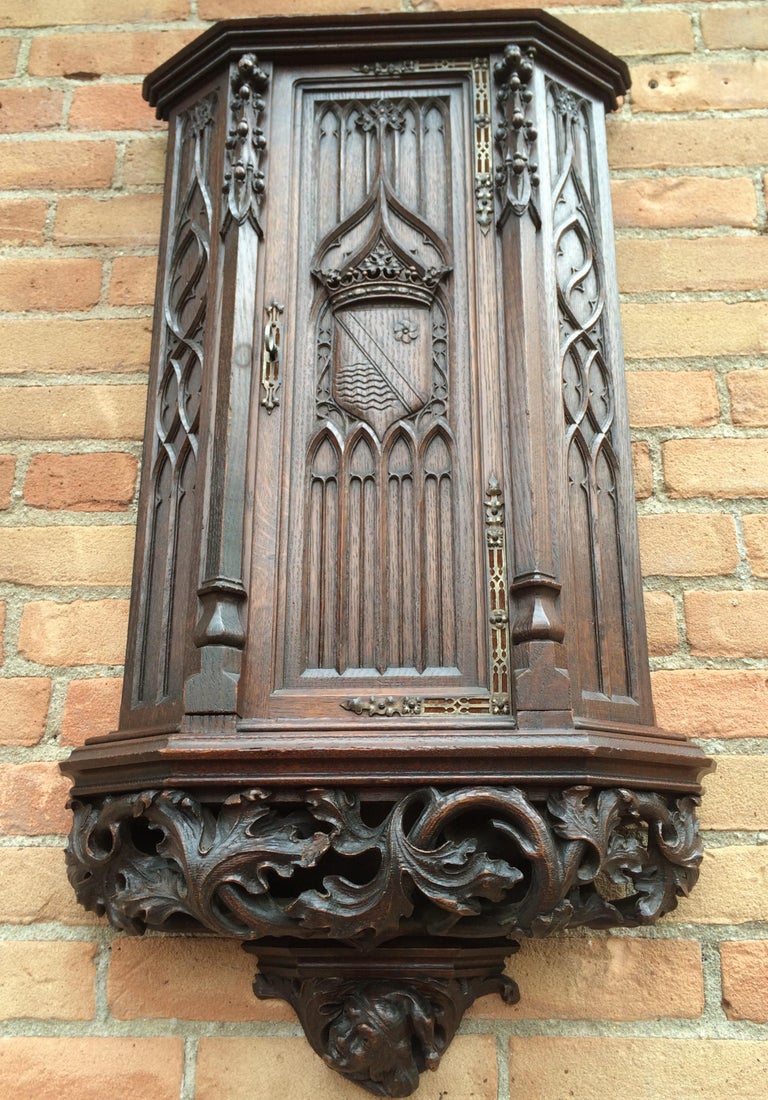 Antique Gothic Revival Wall and Key Cabinet W. Hand Carved Church ...