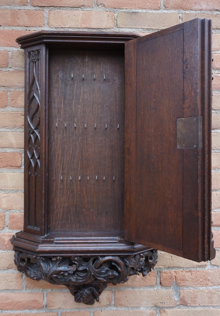 Antique Gothic Revival Wall and Key Cabinet W. Hand Carved Church ...