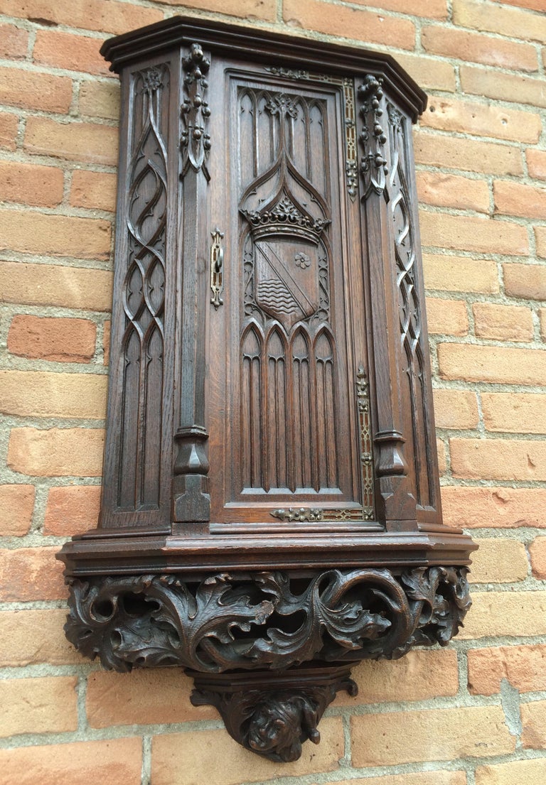 Antique Gothic Revival Wall and Key Cabinet W. Hand Carved Church ...