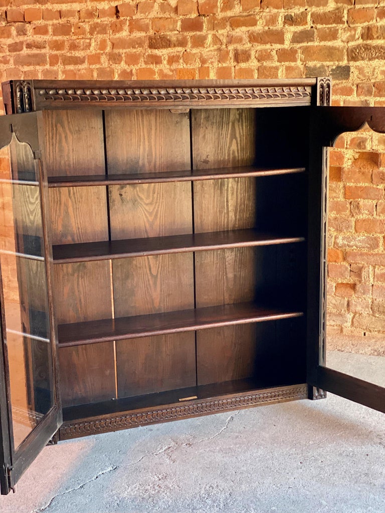 Antique Gothic Solid Oak Bookcase Heavily Carved Gothic Glazed circa ...