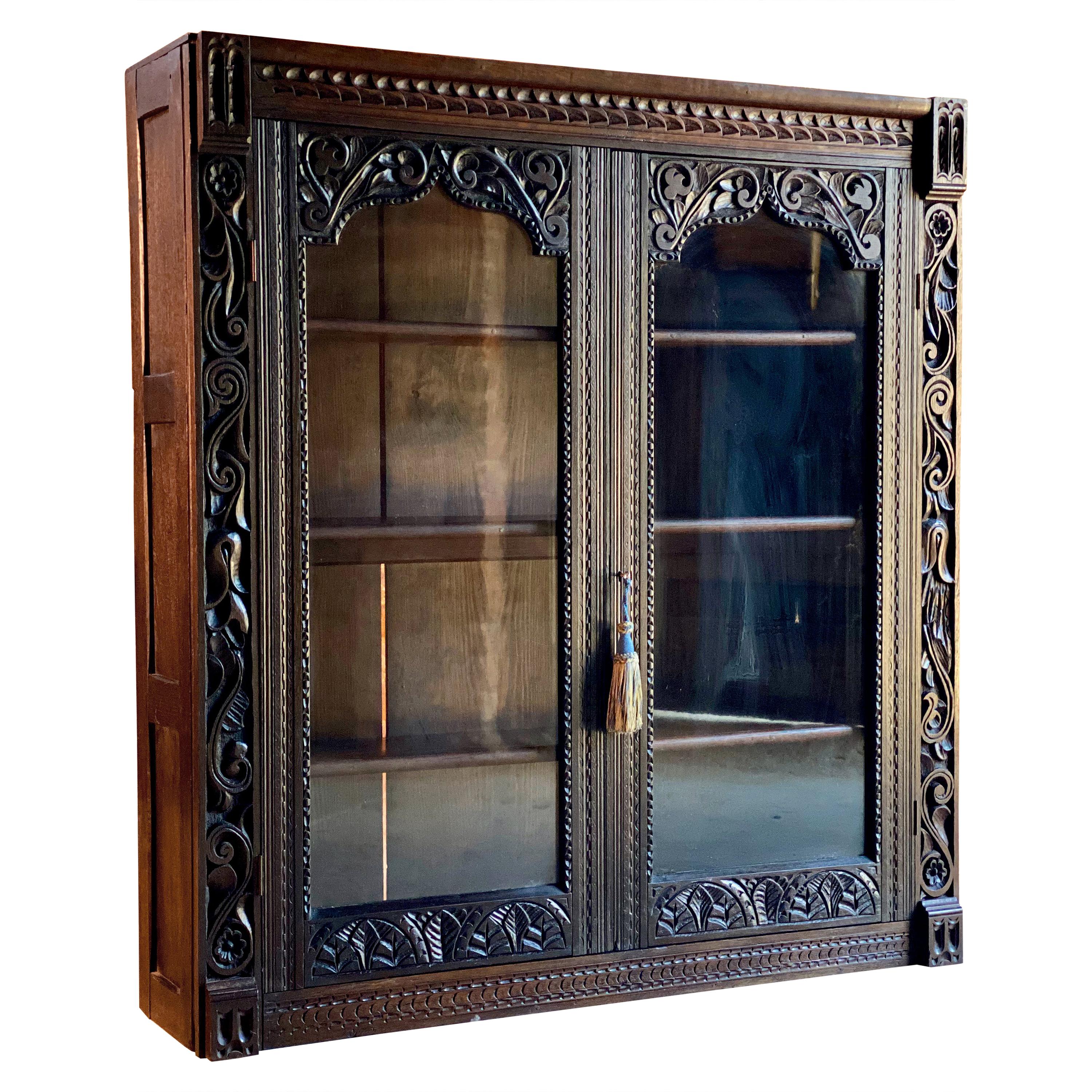 Antique Gothic Solid Oak Bookcase Heavily Carved Gothic Glazed circa ...