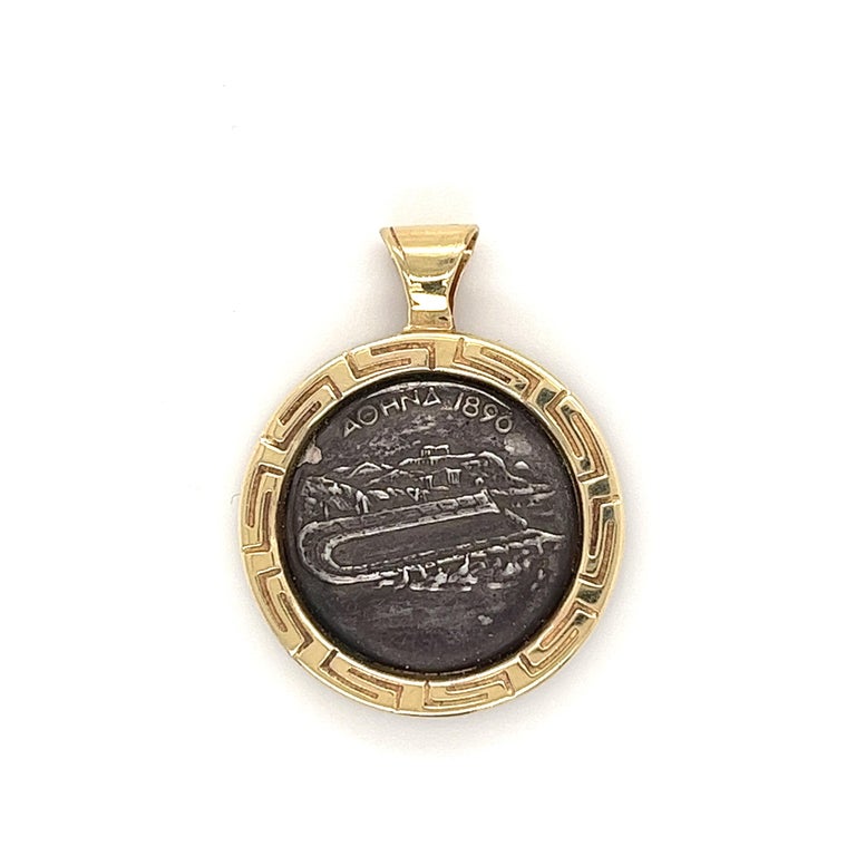 Antique Greek Athena Coin Pendant in 14k Gold Bezel For Sale at 1stDibs