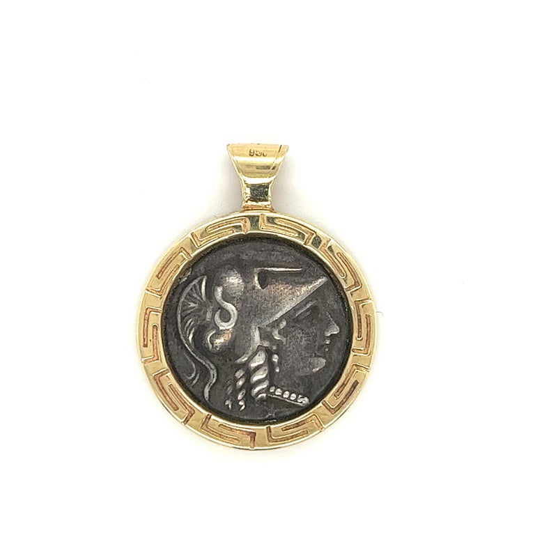 Antique Greek Athena Coin Pendant in 14k Gold Bezel For Sale at 1stDibs