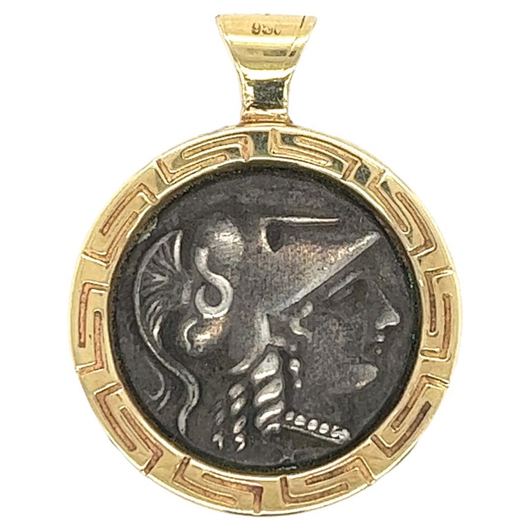 Antique Greek Athena Coin Pendant in 14k Gold Bezel For Sale at 1stDibs