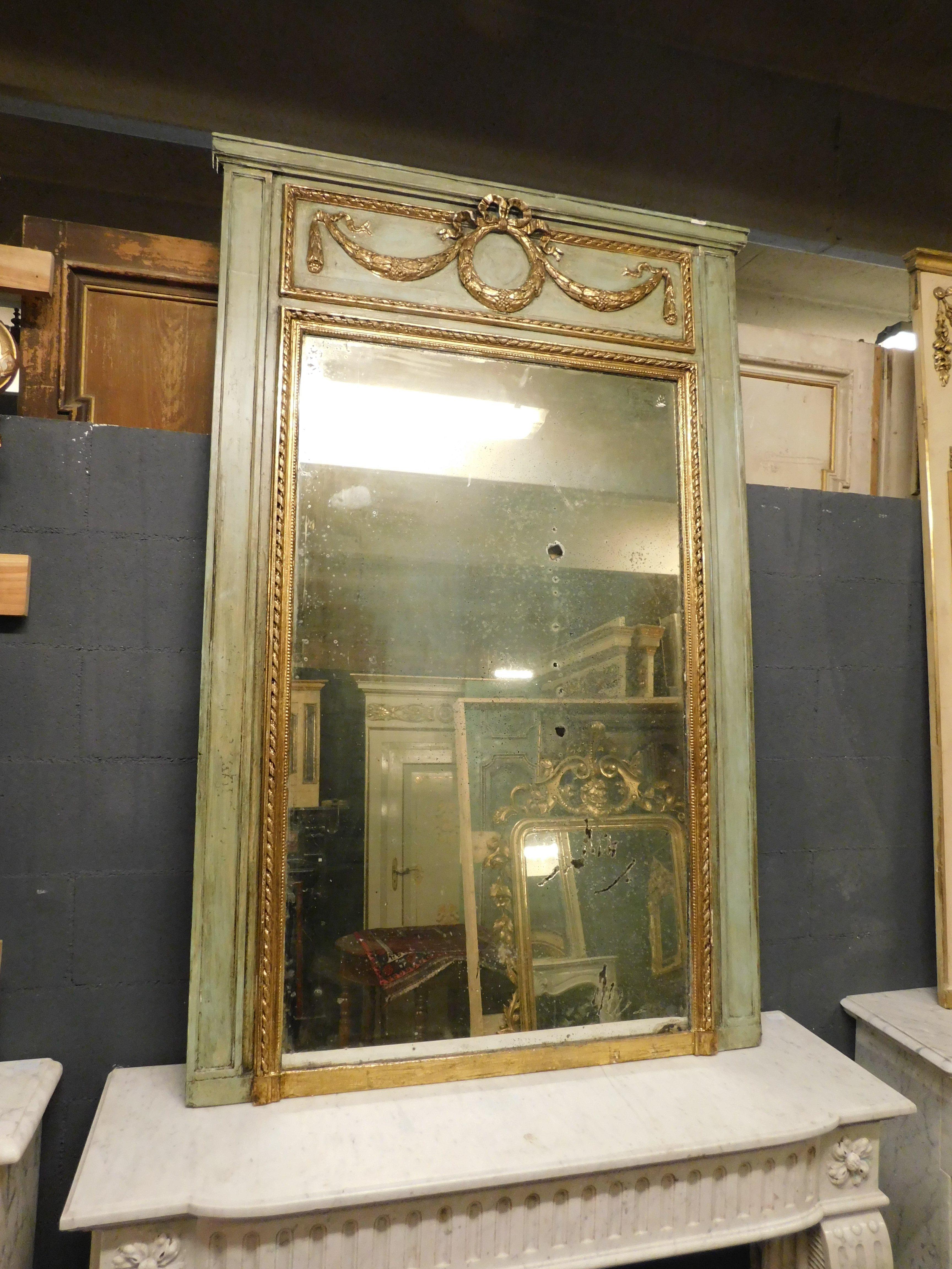 Antique Green and Gilded Lacquered Mirror, Carved Friezes, 19th Century ...