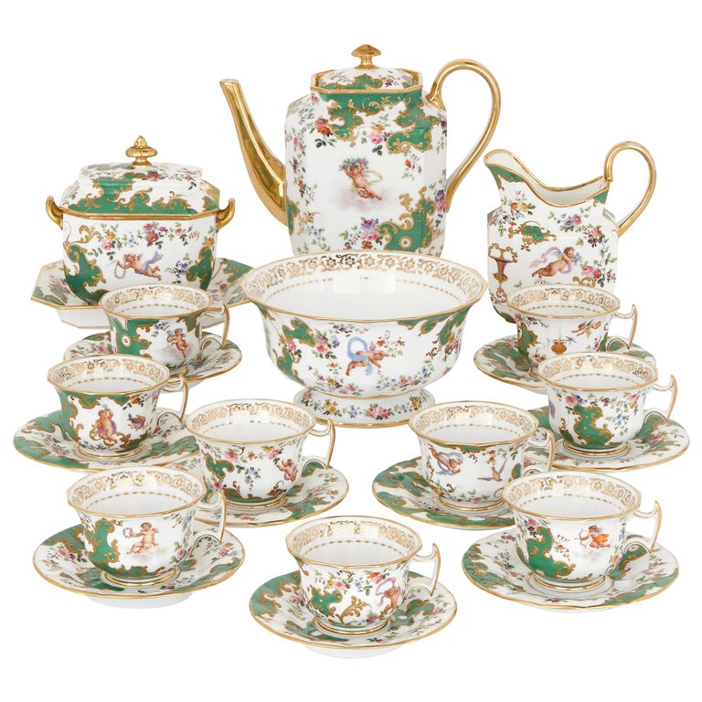 Antique Green and White Sevres Style Porcelain Tea Service at 1stDibs