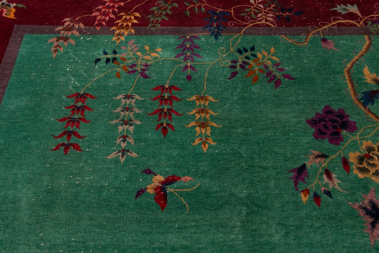 Antique Green Art Deco Chinese Wool Rug For Sale at 1stDibs