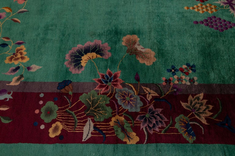 Antique Green Art Deco Chinese Wool Rug For Sale at 1stDibs