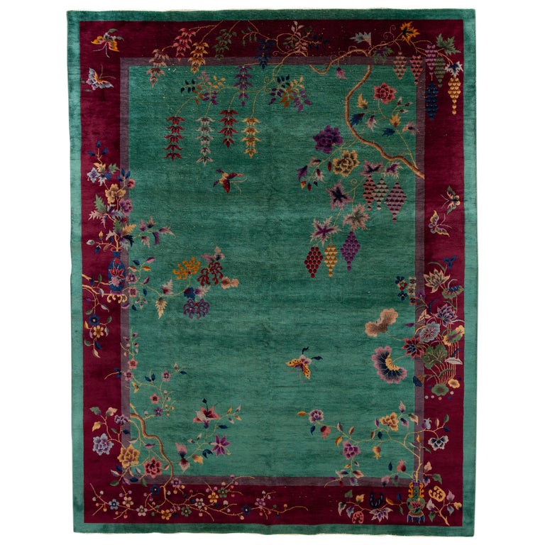 Antique Green Art Deco Chinese Wool Rug For Sale at 1stDibs